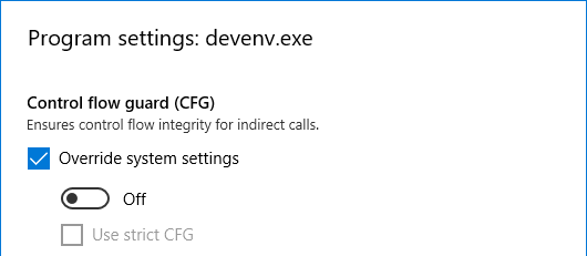 Disable Control Flow Guard (CFG) for Visual Studio