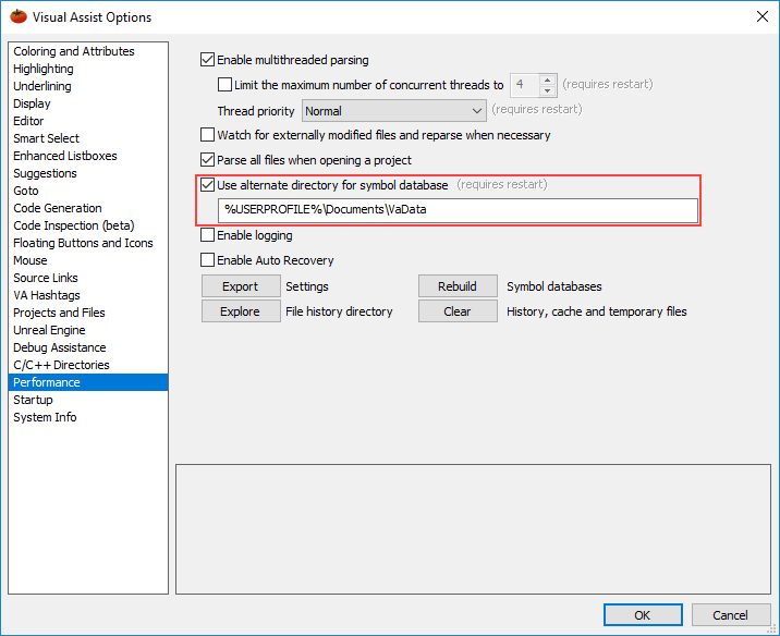 Specify a location for the Visual Assist database