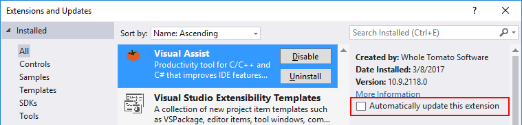 Prevent Visual Studio notification and automatic installation of updates