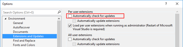 Prevent Visual Studio notification and automatic installation of updates